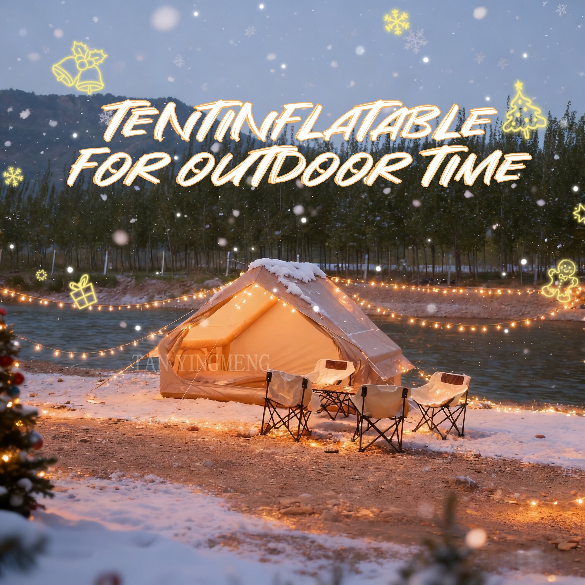 Кемпинг на открытом воздухе с надувной палаткой, цвета хаки, с однодверным люком на крыше, используется 4-6 человек