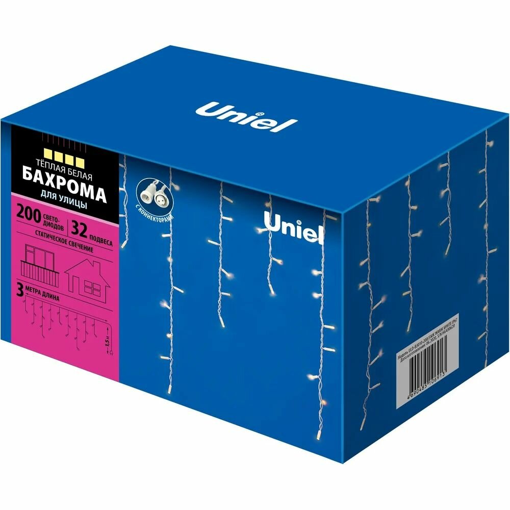 Светодиодная бахрома Uniel ULD-B3010-200/SWK WARM WHITE IP67 3м, соединяемая UL-00003679