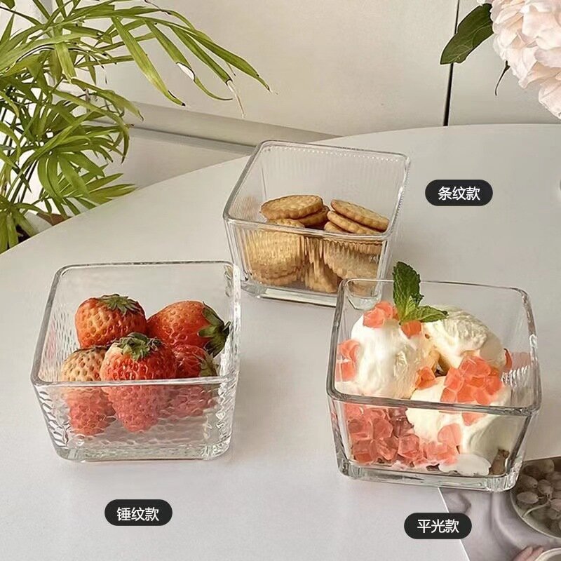 Японская квадратная стеклянная миска с полосками, 201-300 мл для мороженого и десертов
