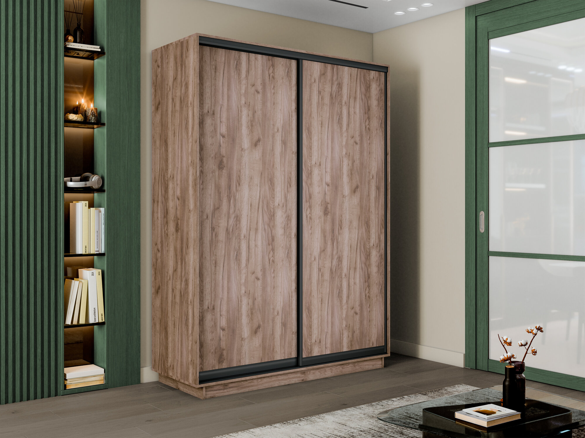 Шкаф купе Вилли 2-х дверный ЛДСП, профиль черный 140 см х 240 см х 45 см (Крафт табачный)