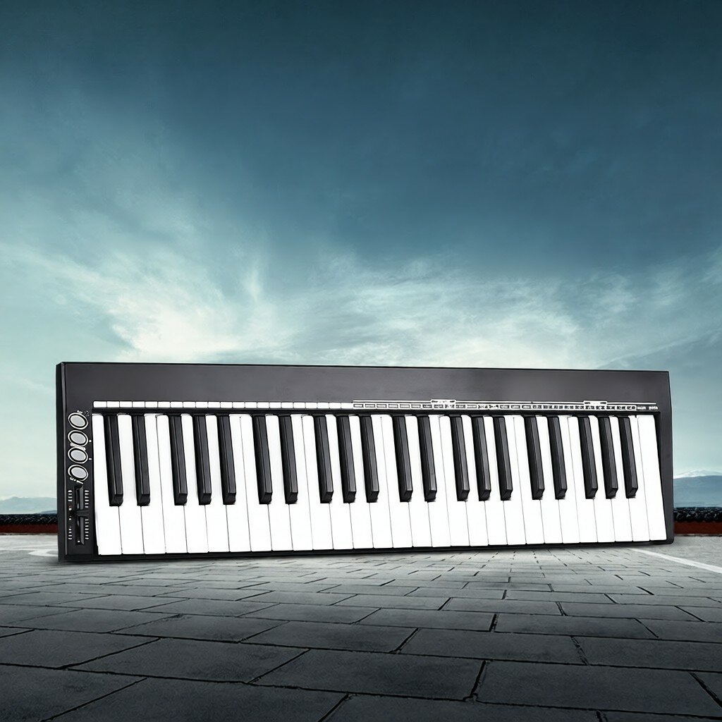 WORLDE KS49C Контроллер MIDI-клавиатуры USB с 49 клавишами, разъемом для педали 6.35mm, MIDI Out, черный цвет, пластик, размер 72*20*5cm, вес 1790g, USB-питание, поддержка Win 8/7/XP/Vista/Mac OSX, в комплект входят 1 контроллер MIDI-клавиатуры и 1