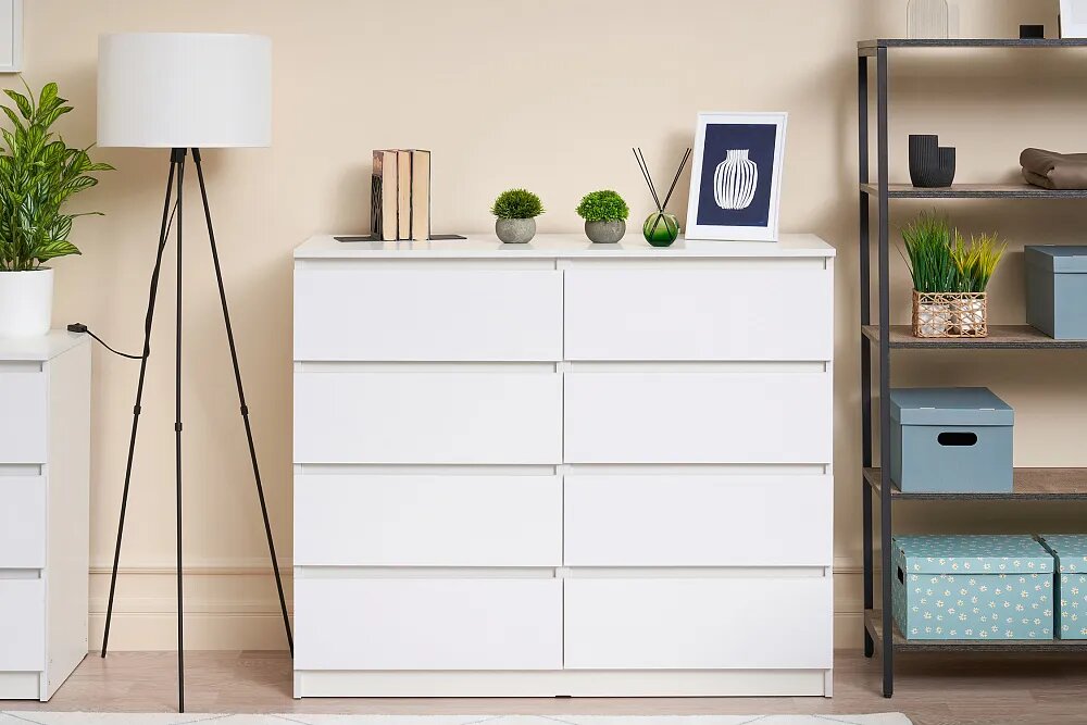 Комод для вещей 8 выдвижных ящиков, Челси, 120.2х99.5х45 см, ЛДСП, Белый / Белый глянец