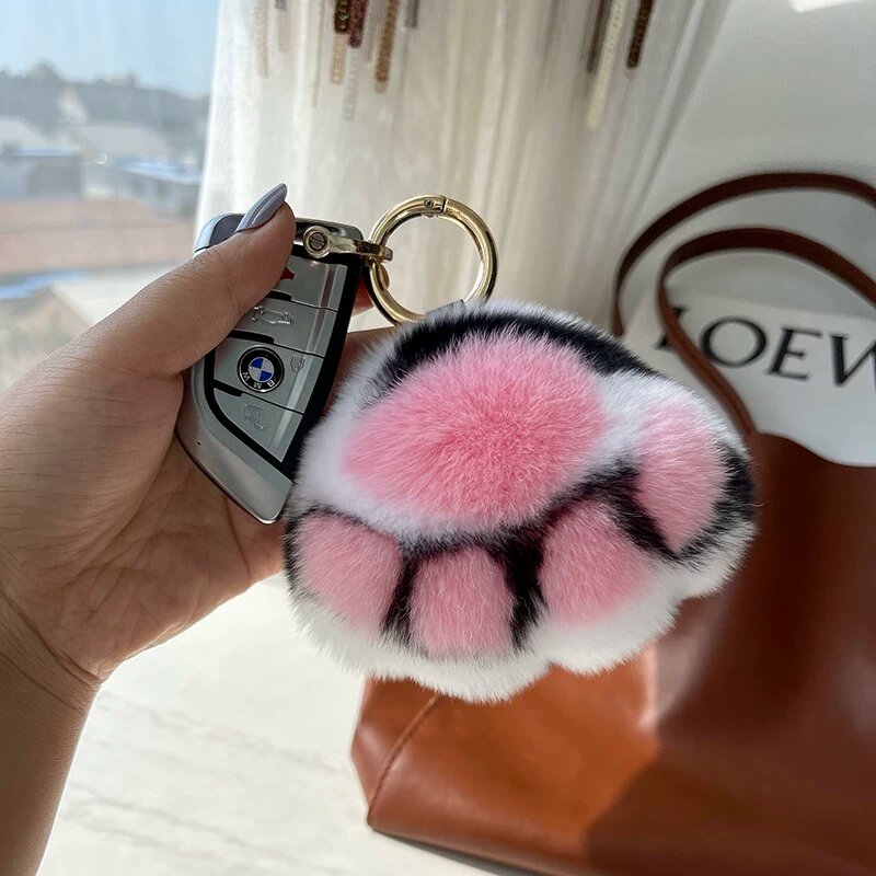 Брелок для ключей из натурального меха кролика рекс с леопардовым принтом, в виде кошачьей лапки, милый плюшевый шарик,