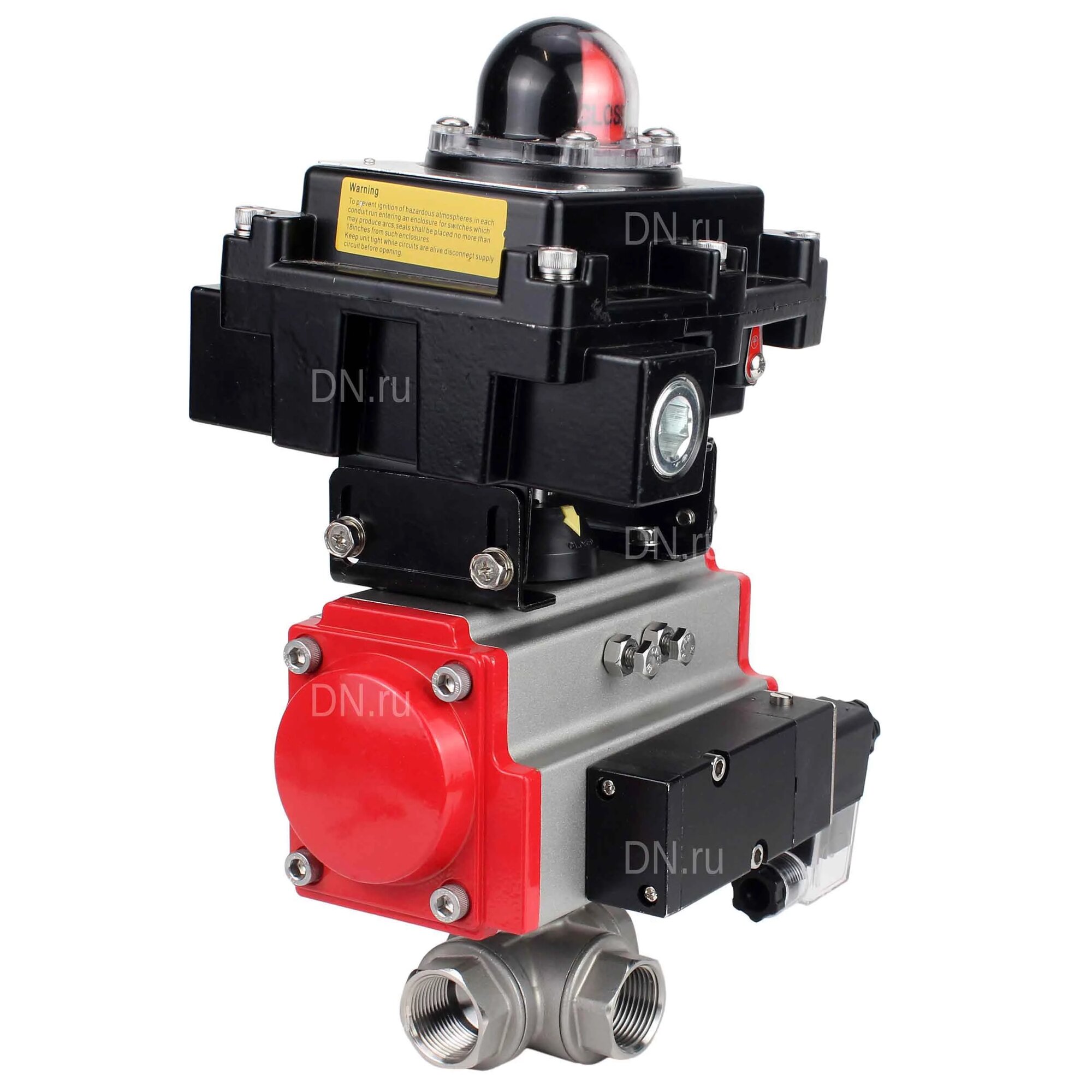 Кран шаровой DN.ru RP. SS316.200. MM.065-ISO Ду65 Ру40 стандартнопроходной трехходовой L-тип, нержавеющая сталь SS316, внутренняя резьба, уплотнение PTFE, с ISO-фланцем пневмоприводом SA-105, пневмораспределителем 24VDC и БКВ LSB-410-02Ex