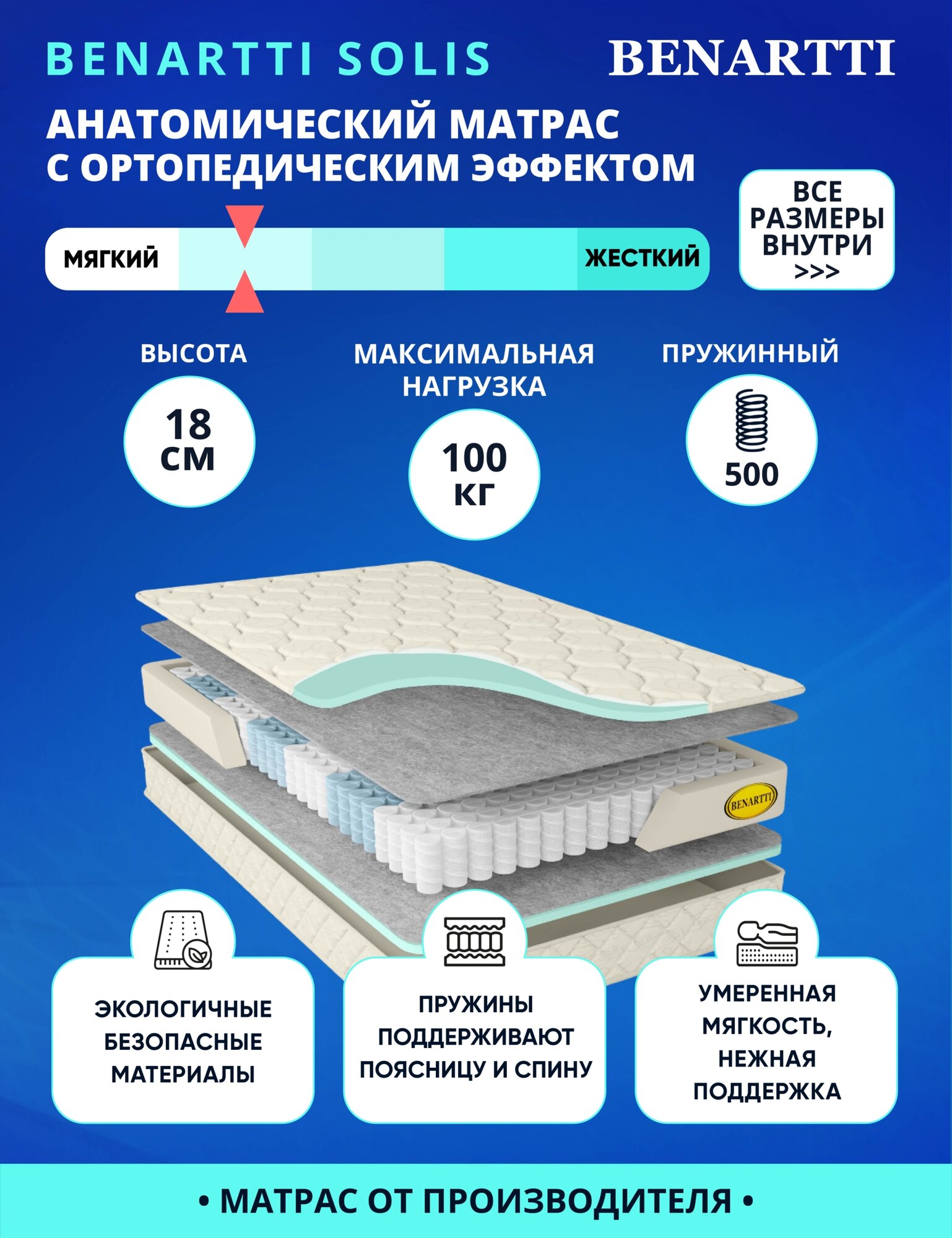 Матрас Benartti Solis 70х185 серии Lux высота 20 см анатомический средней жесткости Независимые пружины