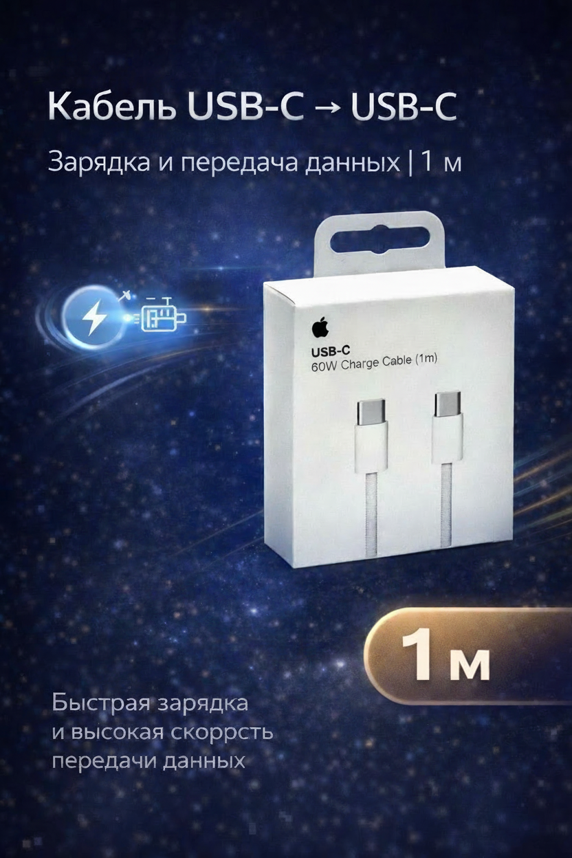 Провод Type-C - Type-C 60 W 1 метр Белый быстрая зарядка для iPhone 15,16, 17, Samsung, Xiaomi и других устройств