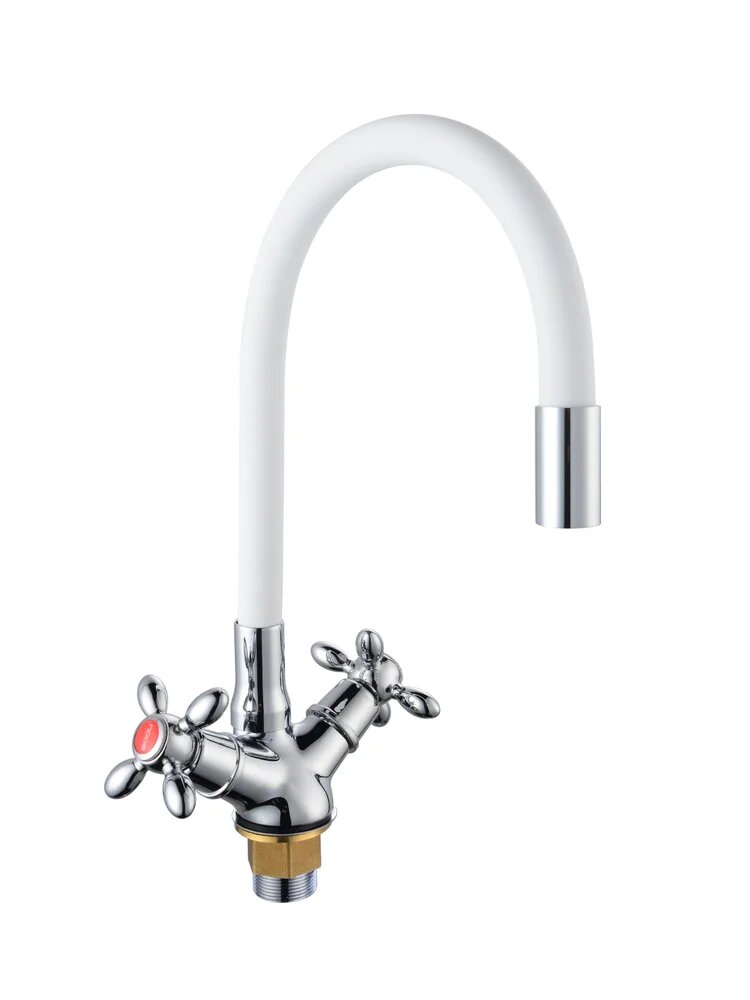 Смеситель для кухни BOOU Ba5318 BA5318-1F-E351A-B702 с гибким изливом, с поворотным изливом, хром, белый, глянцевый, вентильный, латунный