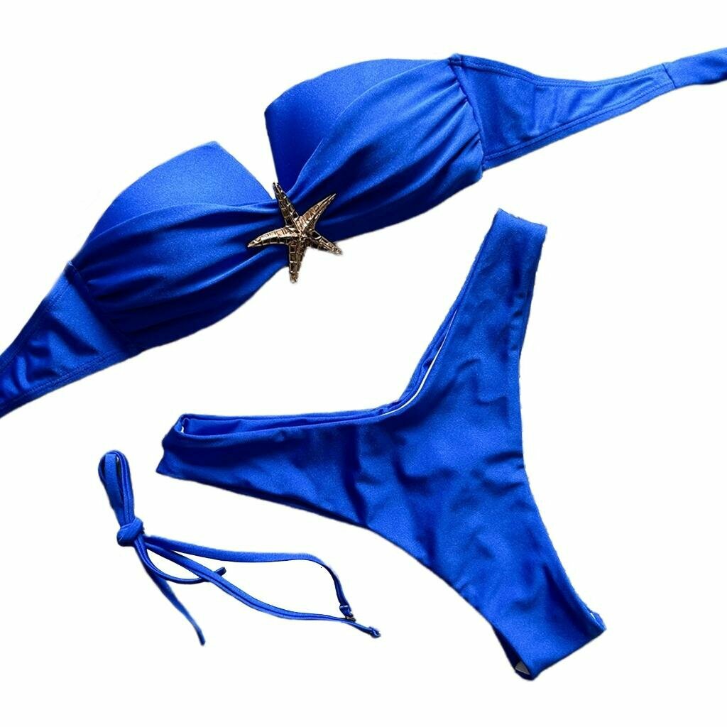 Женский купальник бандо с пуш-ап, Синий - L