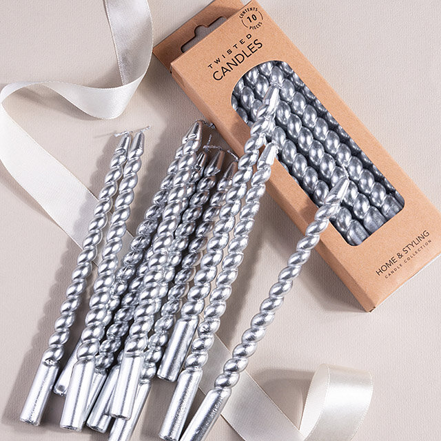 Свечи витые Precioso Vela 17 см, 10 шт, серебряный металлик, Koopman, S37700290-3