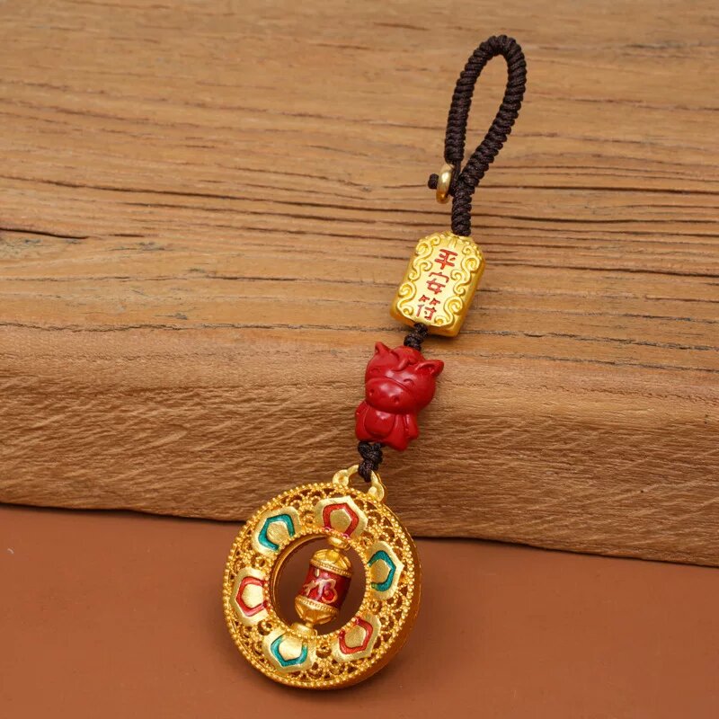 Позолоченный медный брелок для ключей с подвеской-талисманом из киновари в виде знака зодиака, эмалированный