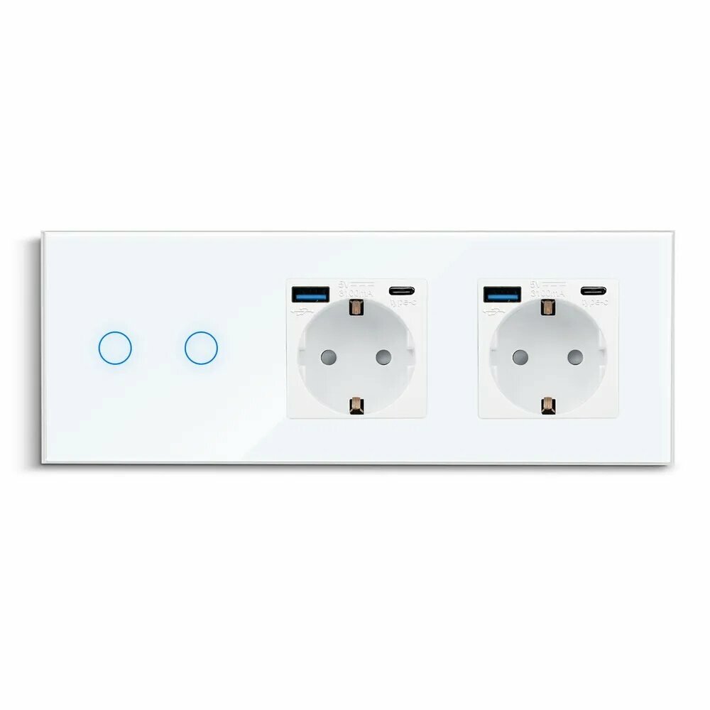 Сенсорный выключатель с двумя розетками с USB и type-C ,2 клавиша 2 розетки, панель стекло белый,228mm