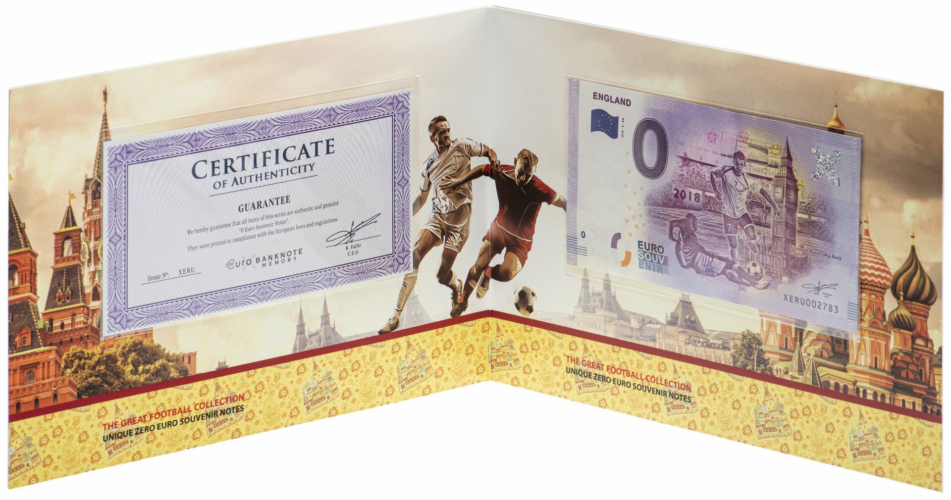 0 евро 2018 года - Чемпионат мира по футболу Страна - Англия в буклете с сертификатом UNC