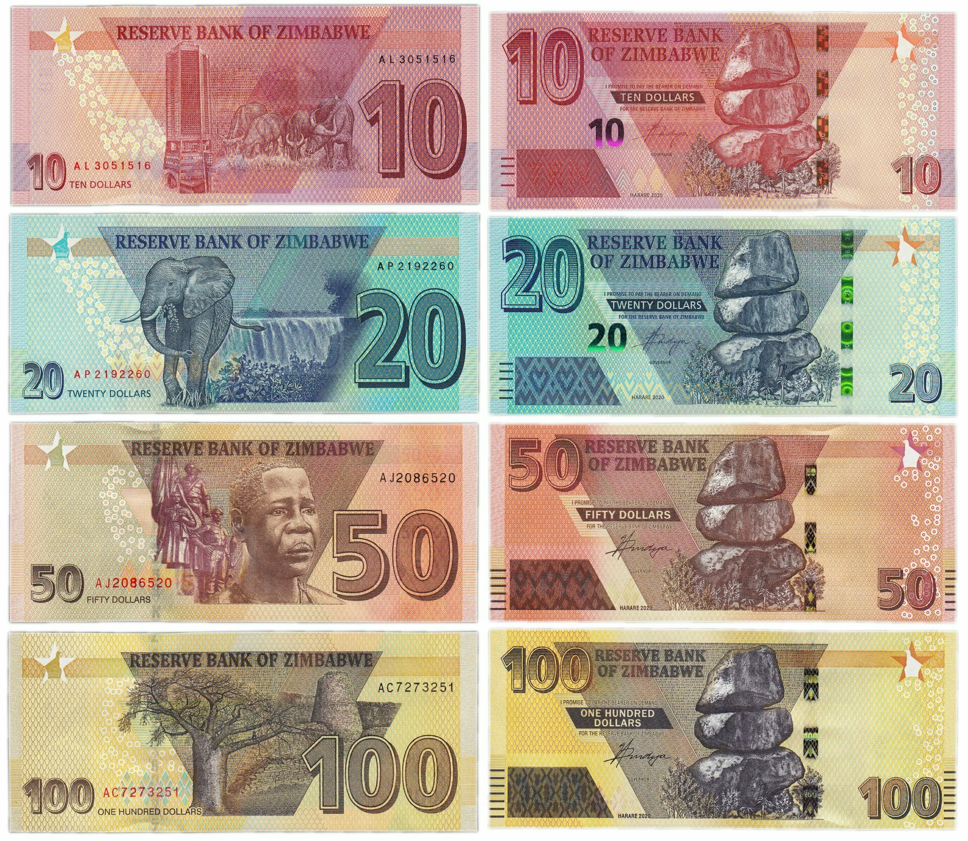 Зимбабве - набор 10 + 20 + 50 + 100 долларов 2020 года - фауна гибрид Новинка