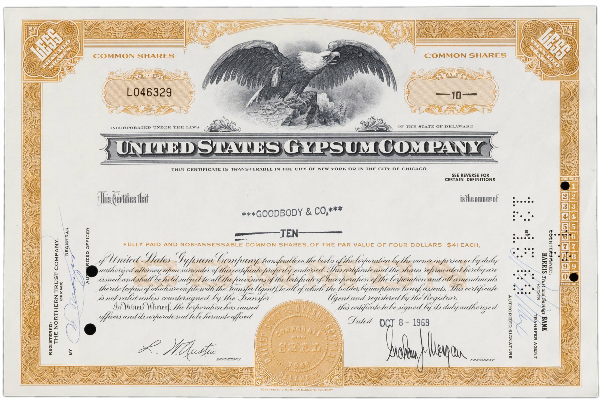 США Акция UNITED STATES GYPSUM COMPANY 1969