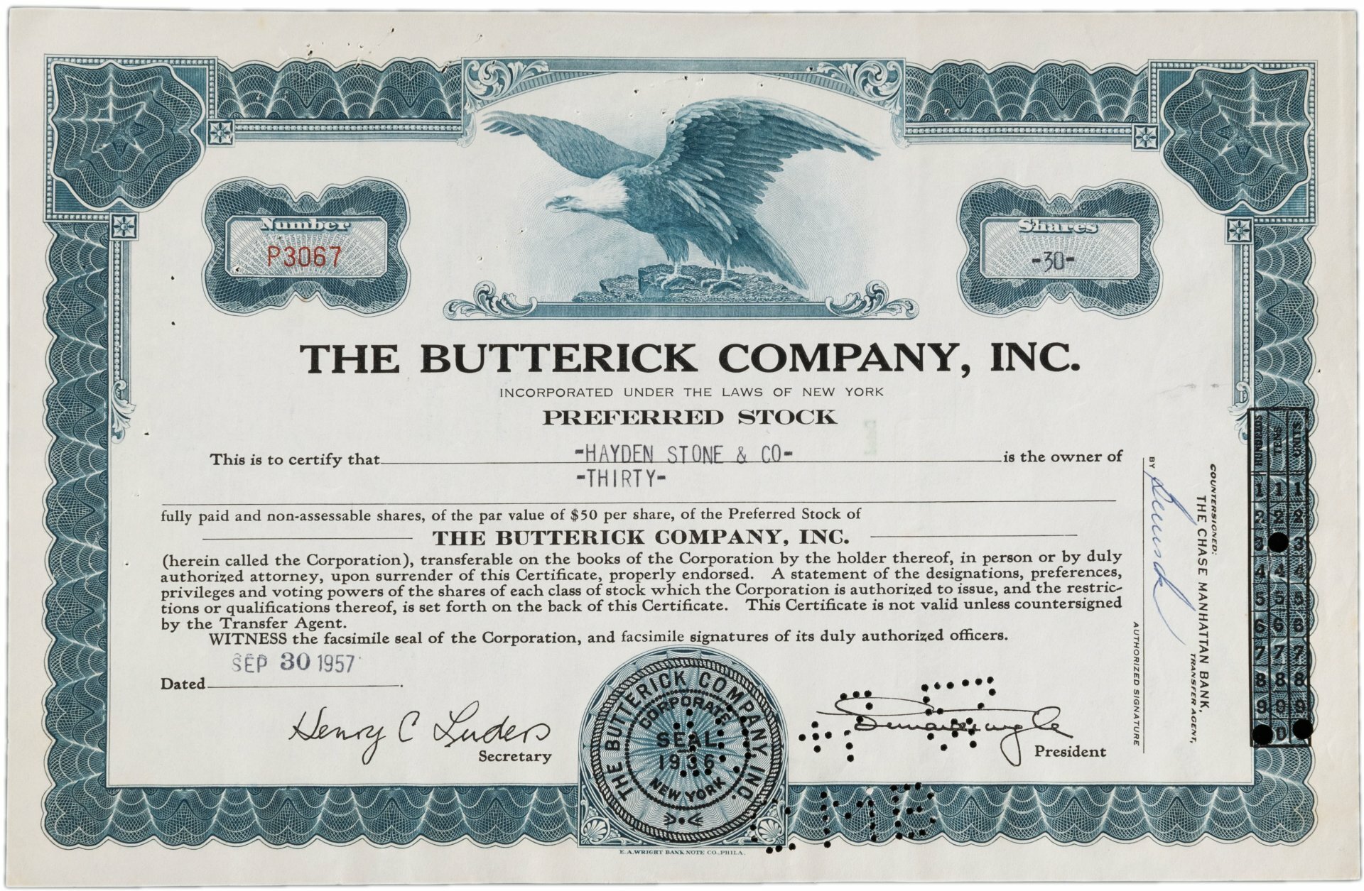 Акция США The Butterick Company 1957