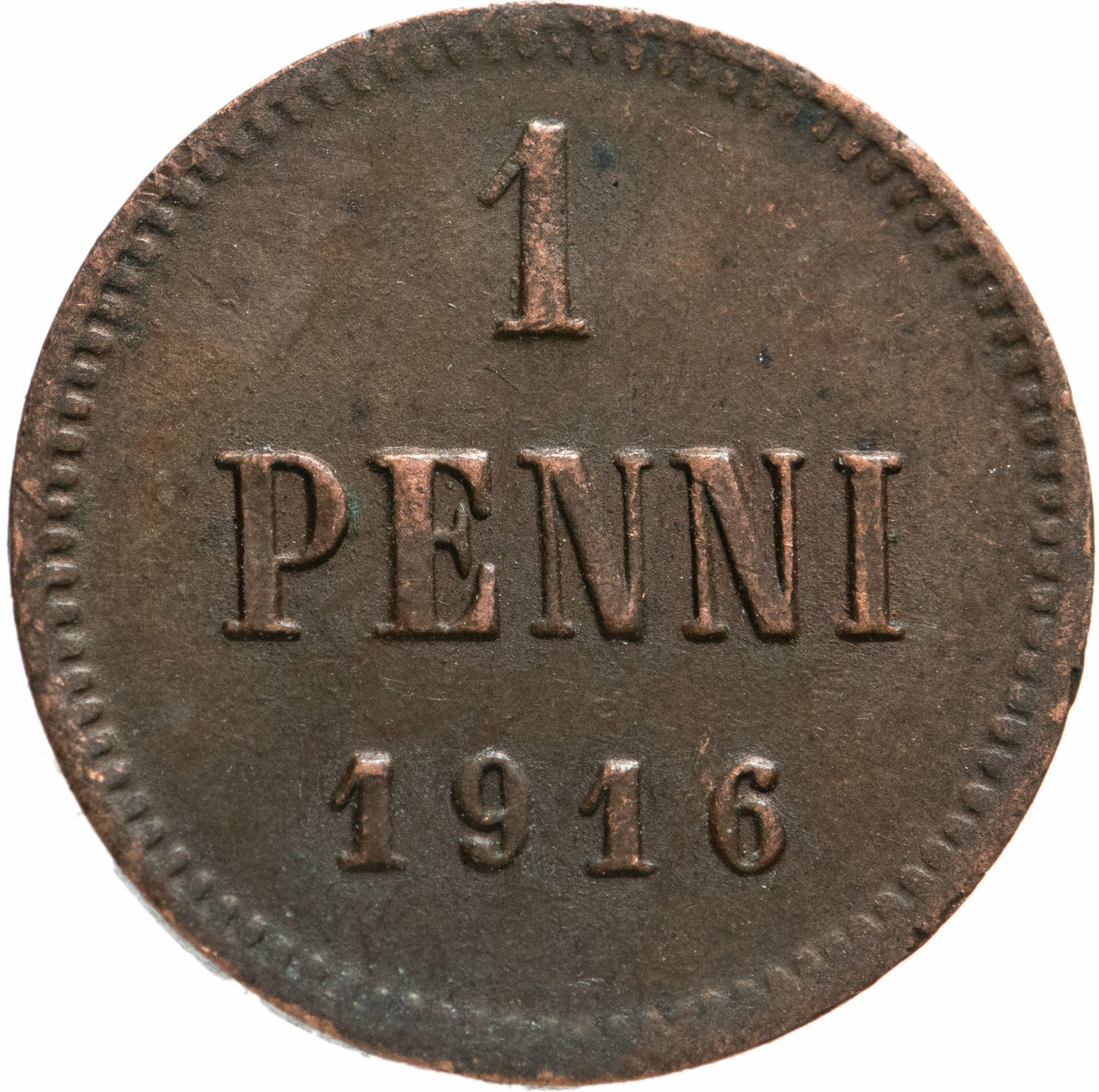 1 пенни penny 1916 Российская Финляндия, Медь, в сохранности VF-XF