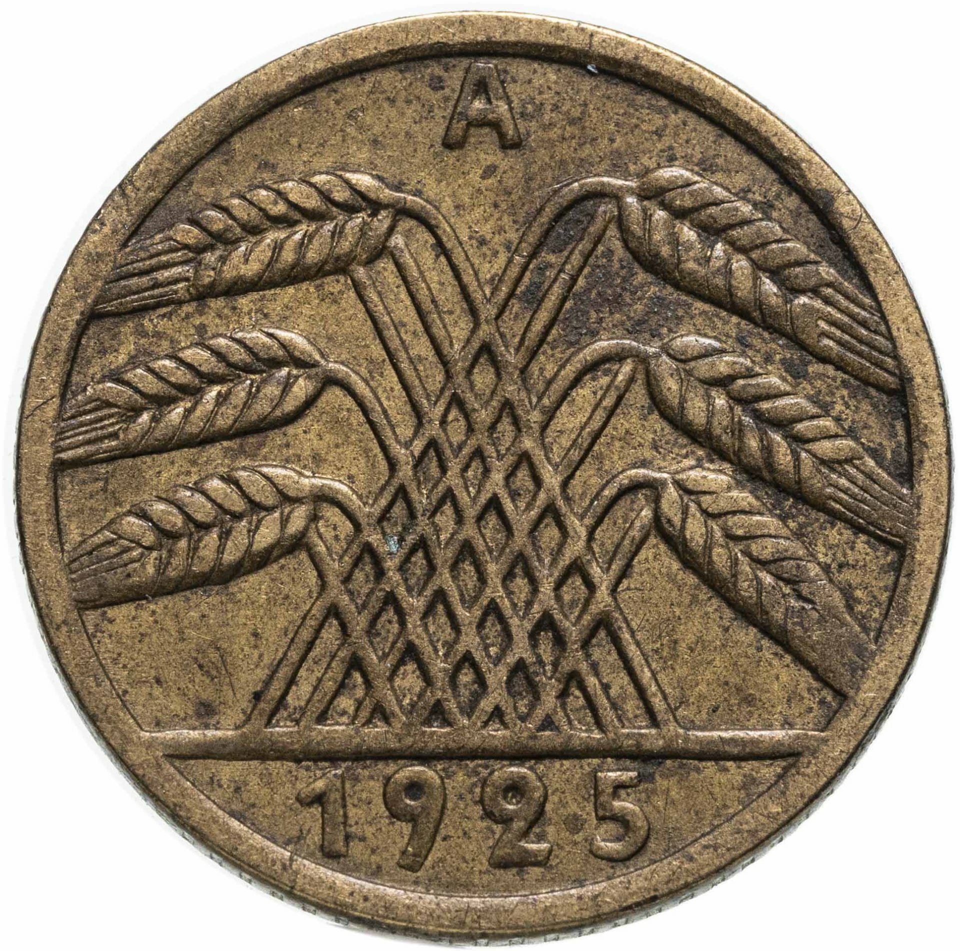 Германия 5 рейхспфеннигов reichspfennig 1925, знак монетного двора "A" — Берлин, Бронза, в сохранности XF
