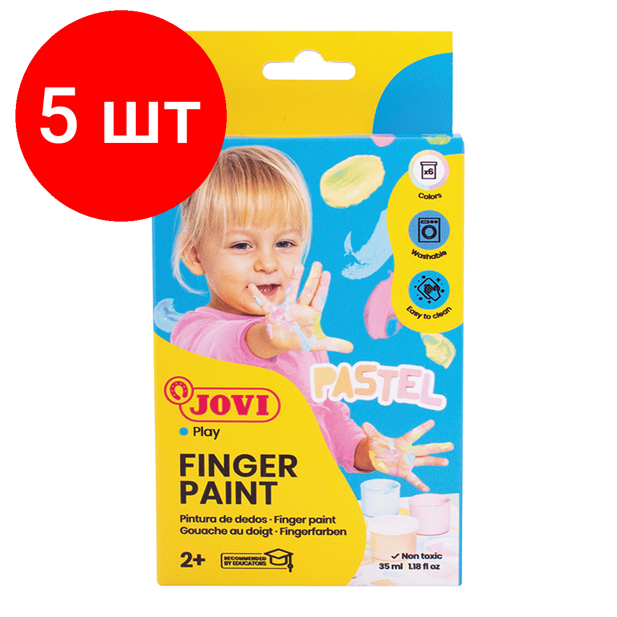 Комплект 5 шт, Краски пальчиковые JOVI, 06 пастельных цветов по 35мл, картон, европодвес