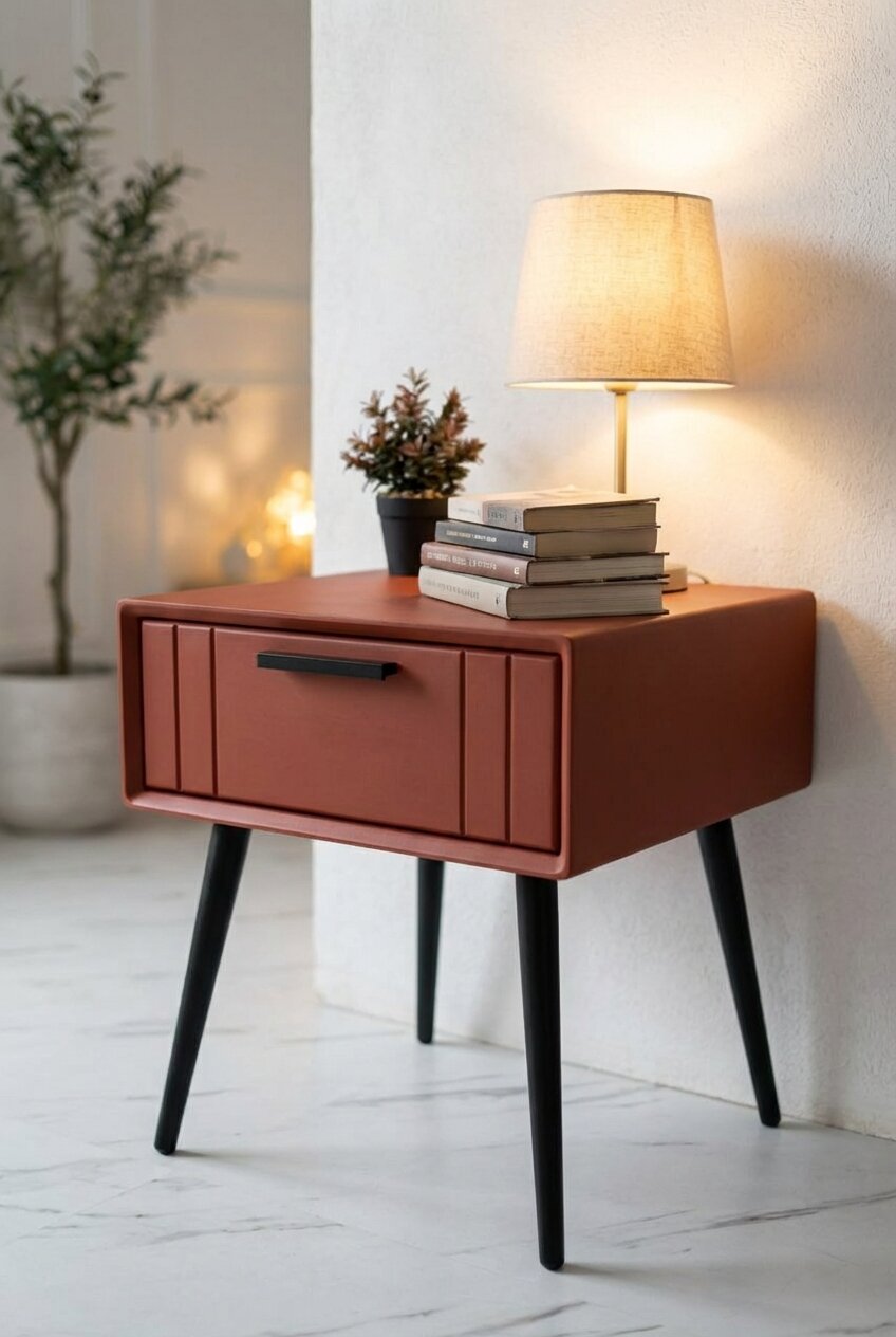 Тумбочка прикроватная на ножках с ящиком из дерева в спальню терракотовая