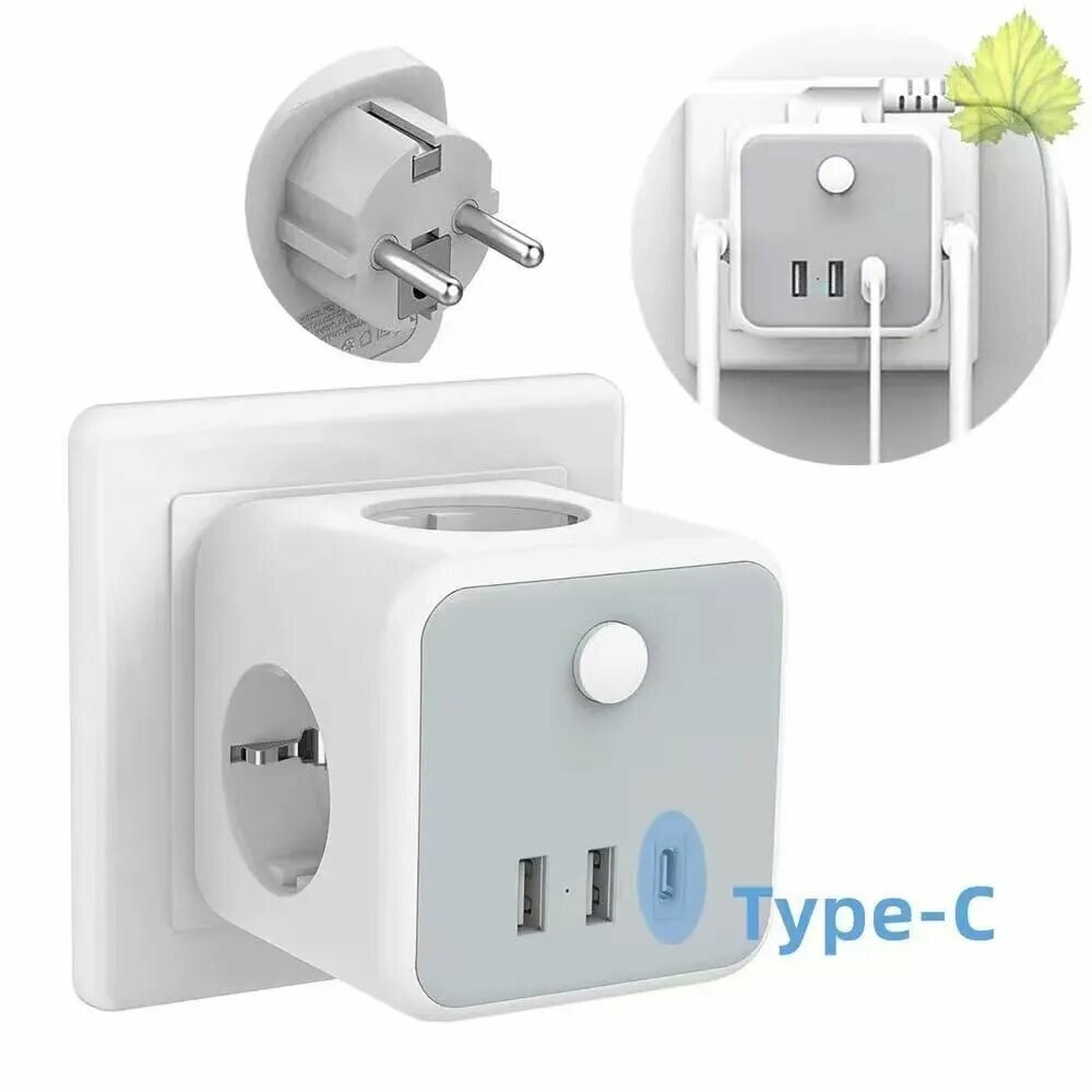 Адаптер с 3 розетками, 1 портом типа C, 2 портами USB-A