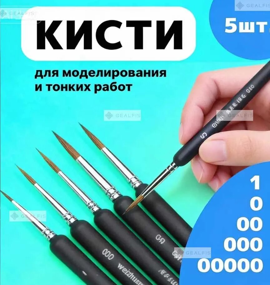 5шт. Набор кистей для моделирования миниатюр "Миниатюра" (00000, 000, 00, 0, 1), Темно-синий