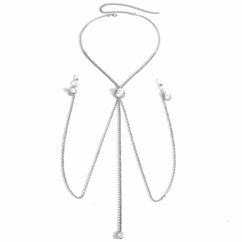 Кольца для сосков с жемчугом и стразами, цепь на грудь, Серебро