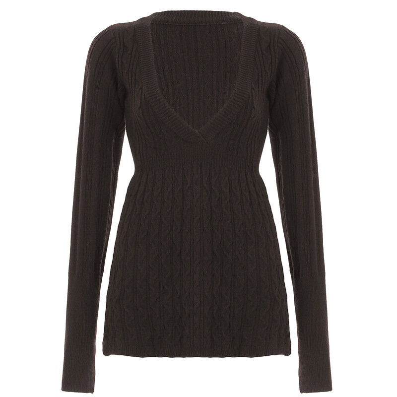 2025 Вязаный свитер в стиле куклы для женщин, новый винтажный, с низким вырезом V-образной формы, удобный, повседневный, с длинным рукавом