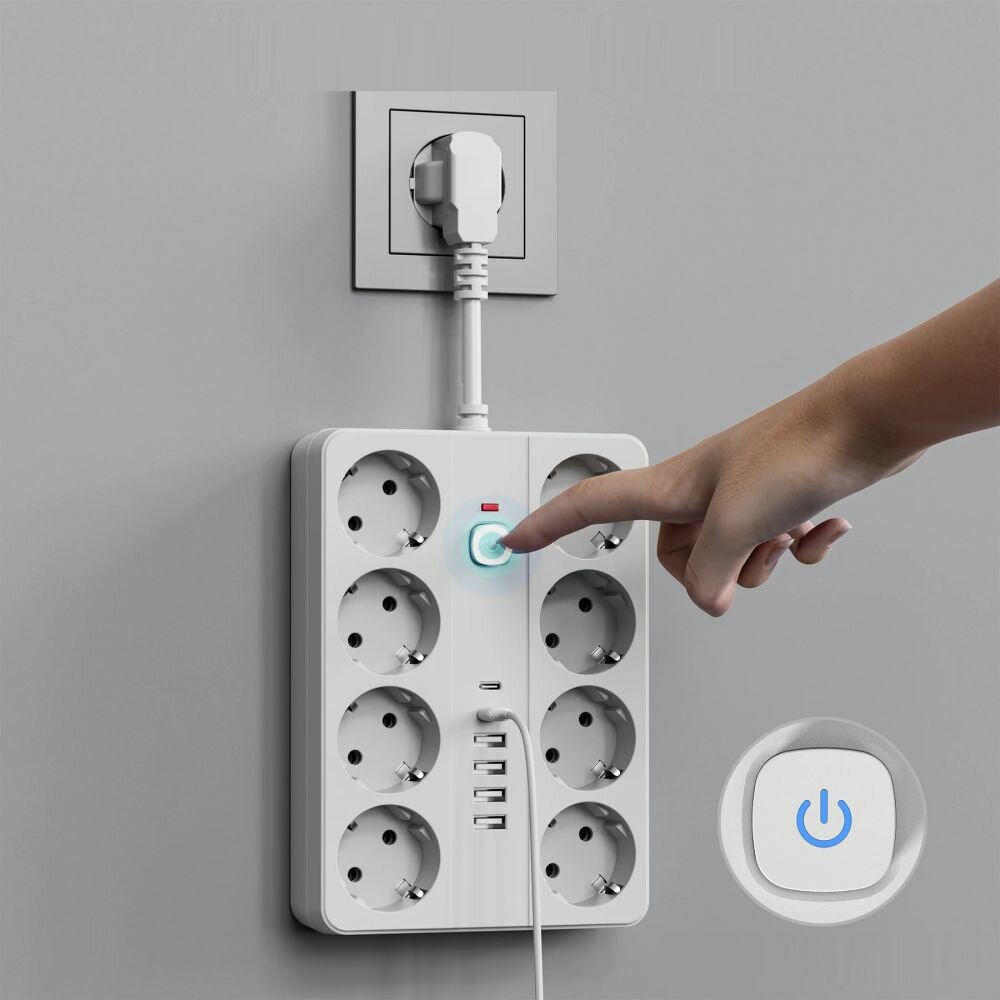 1 шт. сетевой фильтр 14-в-1 с защитой от перенапряжения, USB-портами, 8 розетками переменного тока, 4 портами USB-A и 2 портами Type-C. Подходит для дома и офиса.