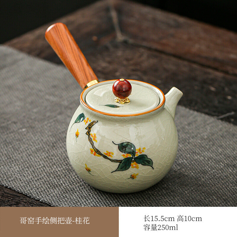 Чайник Ge Kiln с ручной росписью, ритм лотоса, деревянная ручка, боковая ручка, чайник для кунг-фу, домашний легкий роскошный ретро, может быть поднят, открытая часть глазури, антиожоговый чайник