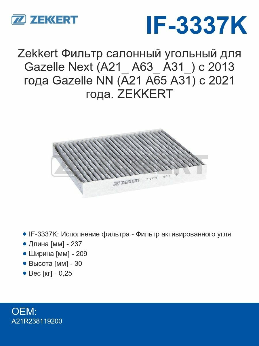 Zekkert Фильтр салонный угольный для Gazelle Next (A21_ A63_ A31_) с 2013 года Gazelle NN (A21 A65 A31) с 2021 года. ZEKKERT