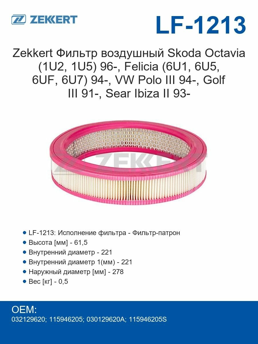 Zekkert Фильтр воздушный Skoda Octavia (1U2, 1U5) 96-, Felicia (6U1, 6U5, 6UF, 6U7) 94-, VW Polo III 94-, Golf III 91-, Sear Ibiza II 93-