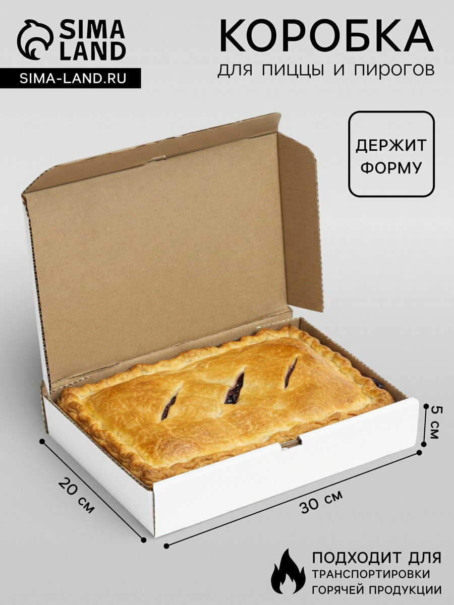 Коробка для пиццы, белая, 30x20x5 см, тематика: однотонная, вид: контейнер с неразъёмной крышкой, 10 шт.