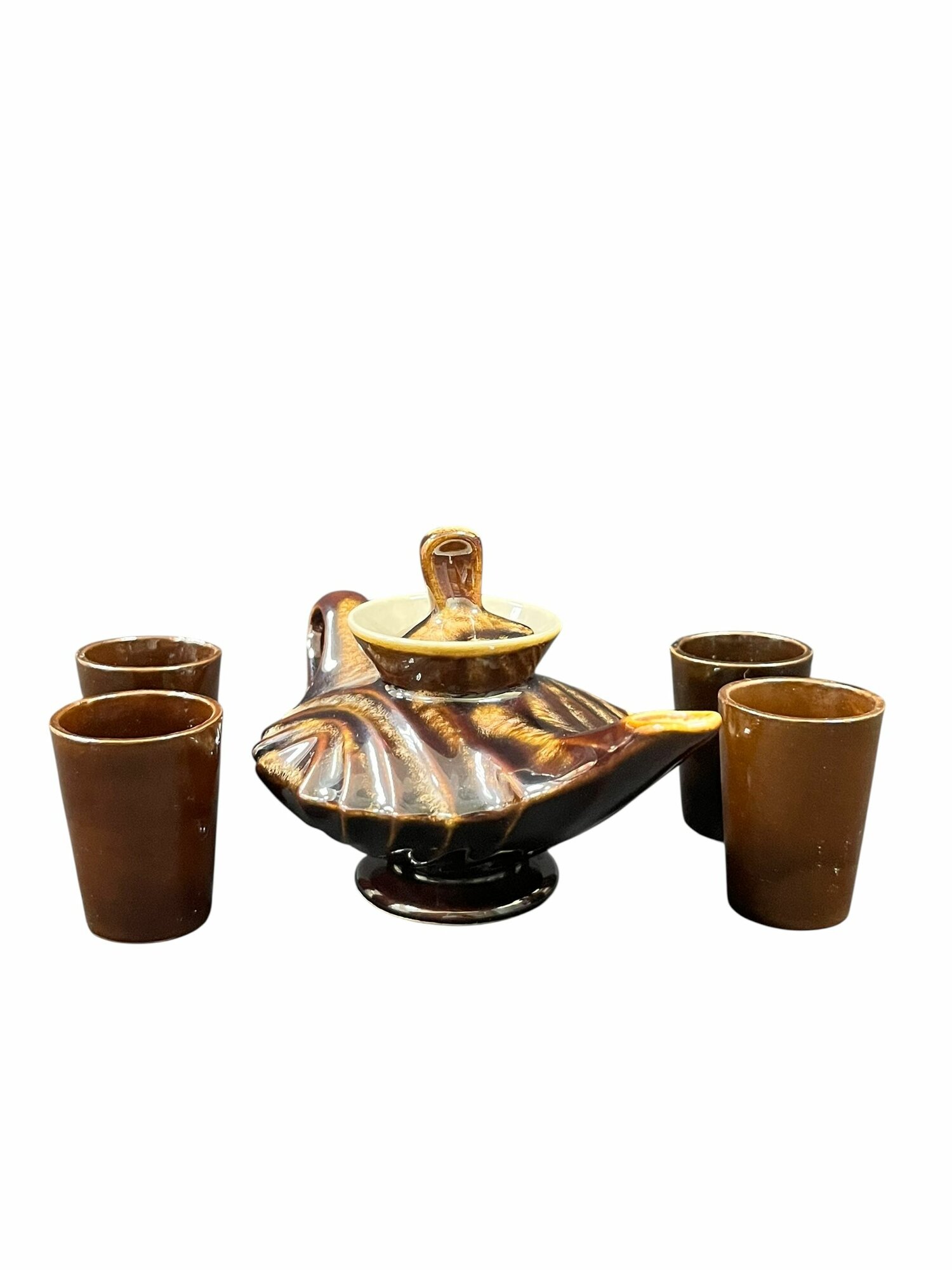 Винтажный чайник Алладина и стопки из обливной керамики, времен СССР