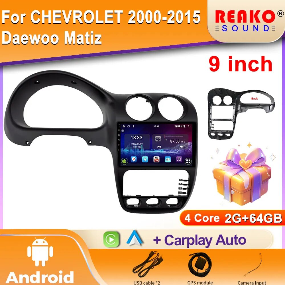 Автомагнитола 9 дюймов 2 DIN для CHEVROLET 2000-2015 Daewoo Matiz, 2ГБ/64ГБ с CarPlay