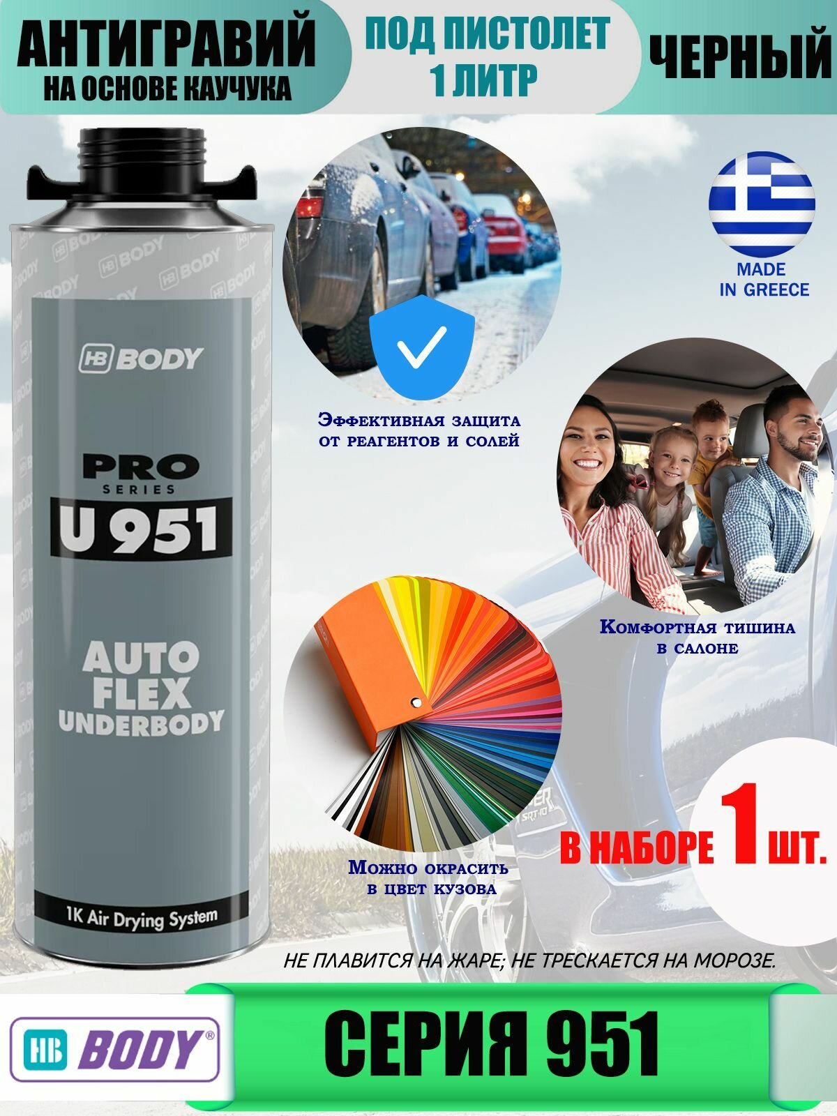 Антигравий HB BODY "951 Autoflex", шумопоглощающий, эластичный, черный, евробаллон, под пистолет, 1 л.