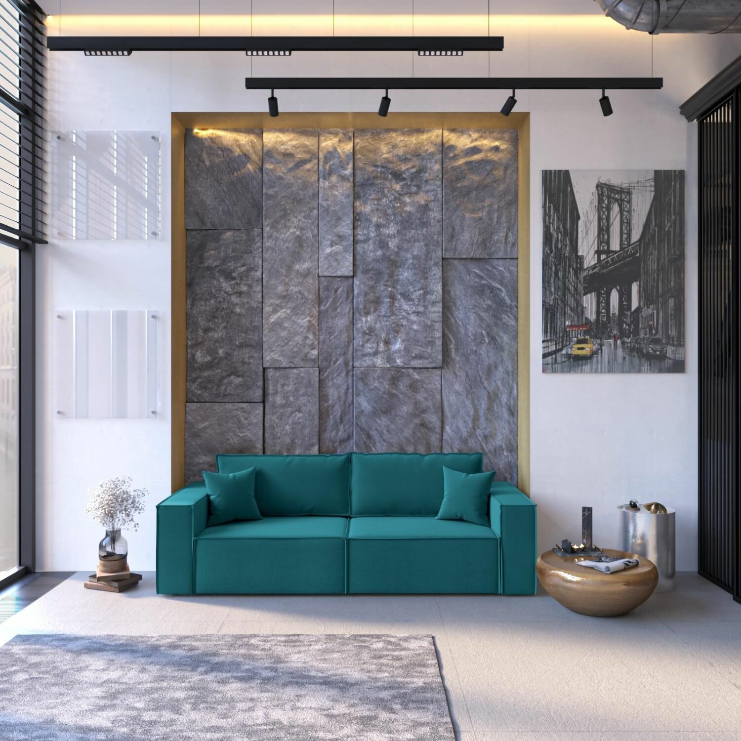 Прямой диван-кровать Manons Maison Hygge, раскладной механизм Еврокнижка, Рогожка бирюзовый, 250х100х86 см