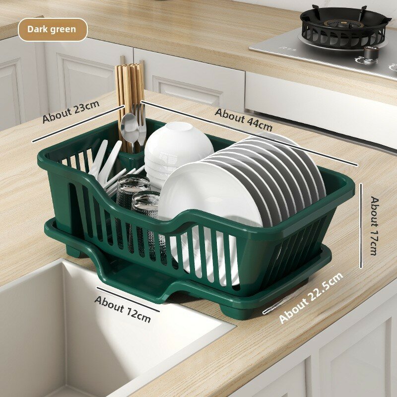 Стеллаж для сушки посуды, стеллаж для хранения посуды, стеллаж для хранения у раковины, контейнер для хранения посуды с системой отвода воды для домашней кухни (Темно-зеленый, Усиленный, Малый размер)