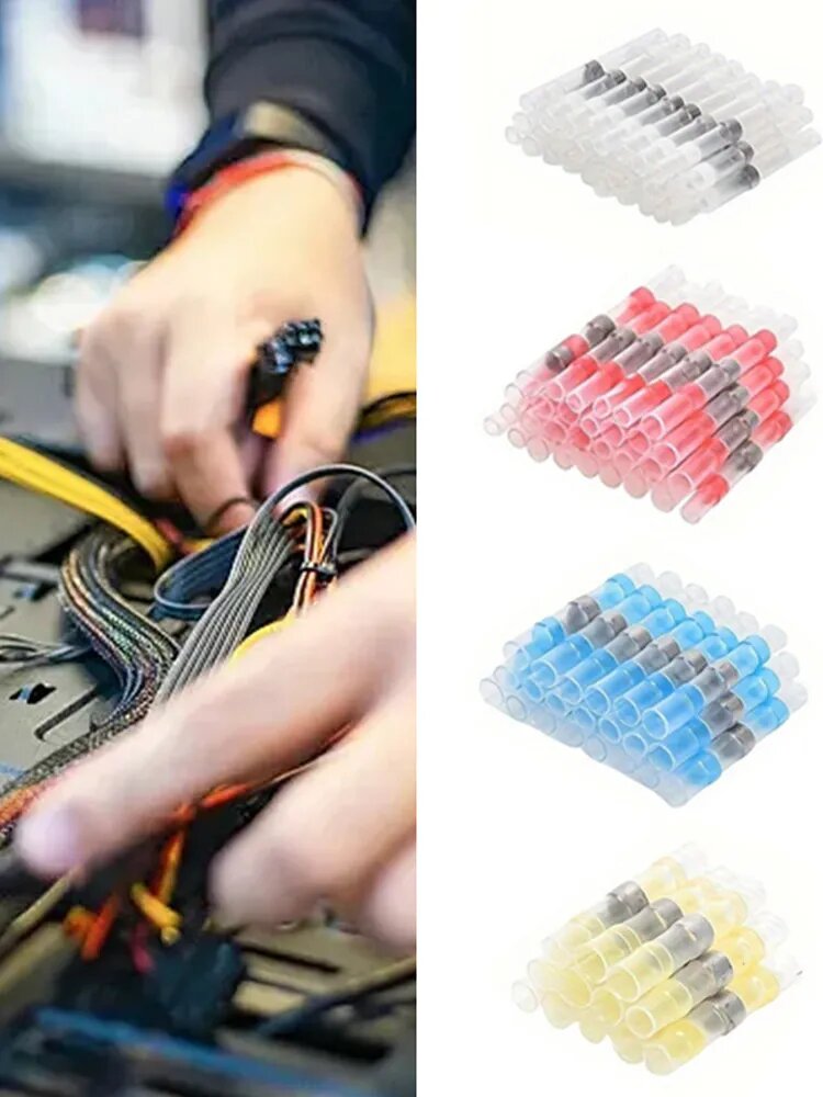 100 шт: Термоусадочные кольца с припоем (Бел 25+Крас 35+Син 30+Жел 10), BI0003366, для кабеля/проводов, гидроизоляция, 3-25 мм