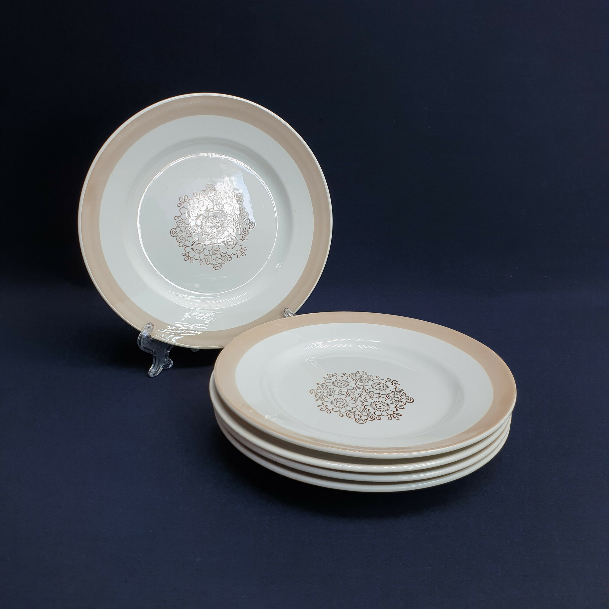 Набор из 5 пирожковых тарелок Конаково, фаянс деколь 175 мм, винтаж СССР