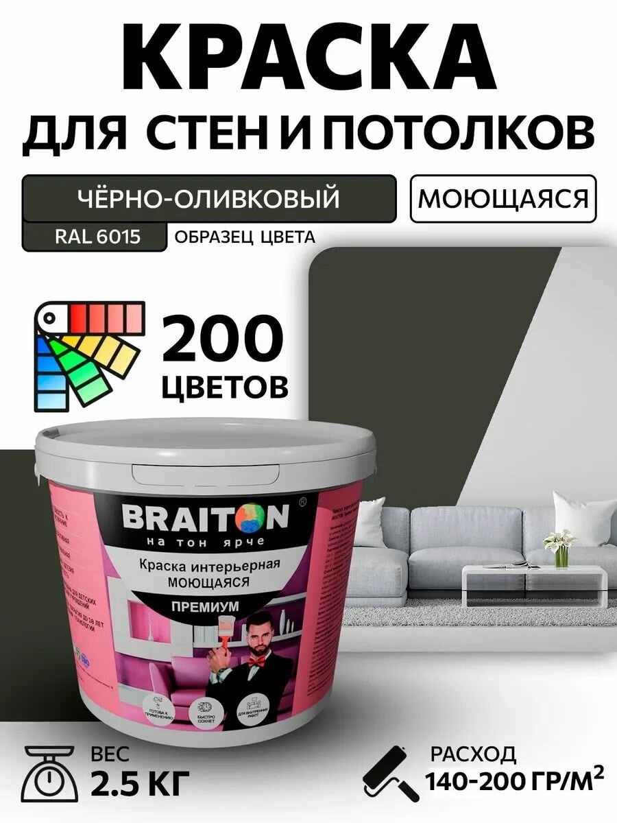 Краска ВД интерьерная BRAITON Премиум Моющаяся 2,5 кг. Цвет Чёрно-оливковый RAL 6015 акриловая, быстросохнущая, для наружных и внутренних работ, для стен и потолков, матовое покрытие