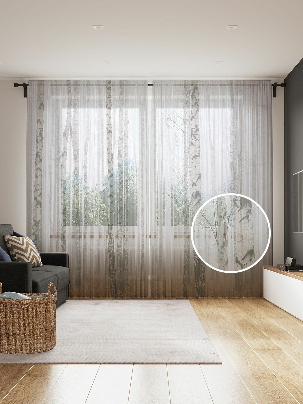 Тюль, фототюль JoyArty "Березовый лес" высота 265 см, ширина 145 см (2 полотна) на шторной ленте, крючки в комплекте