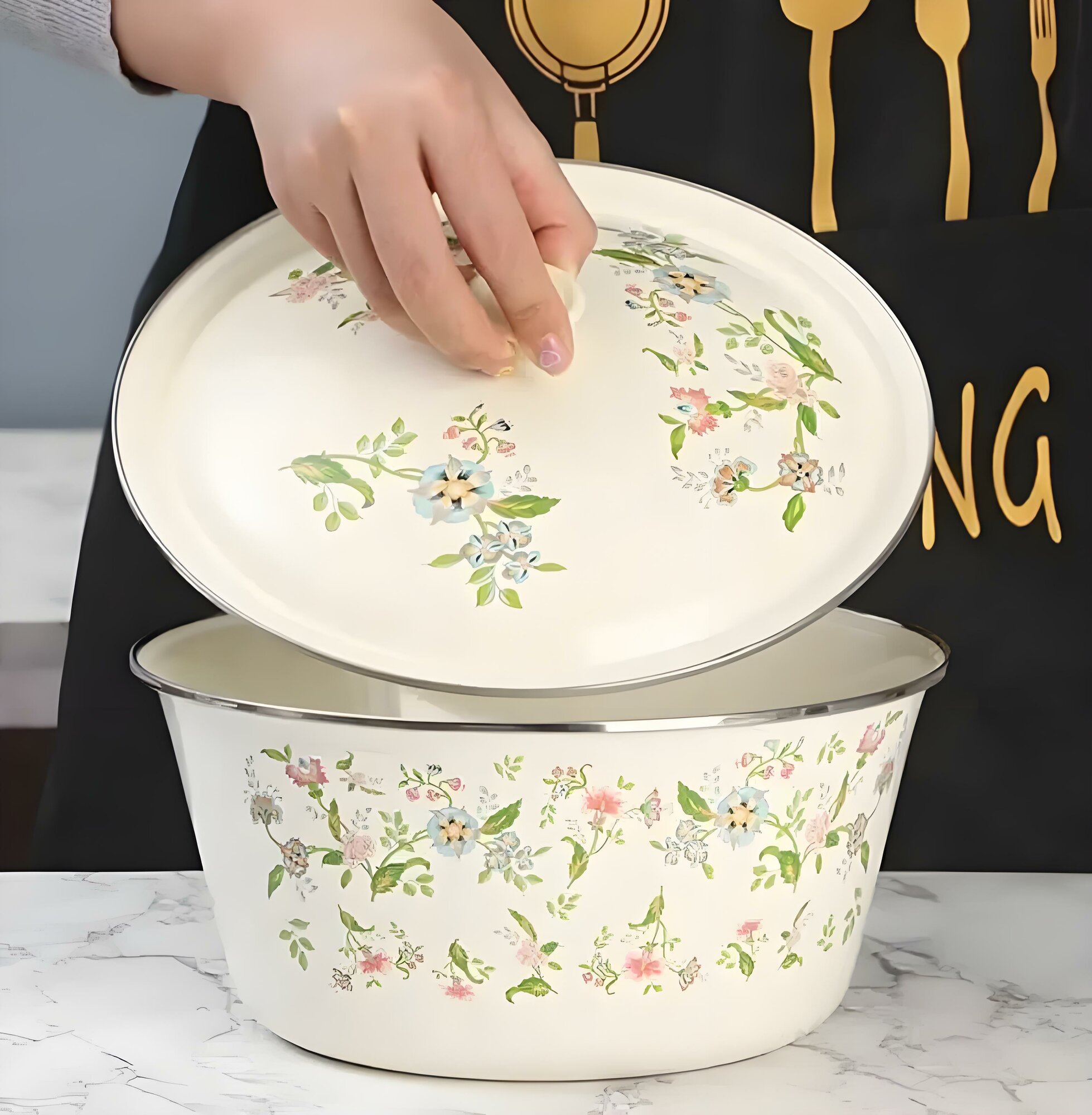 Эмалированная миска с крышкой, кухонная, для супа, большая емкость, 3,6 л