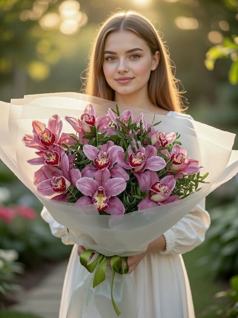 Авторский букет "Орхидея цимбидиум", 11 цветов, 45 см высота