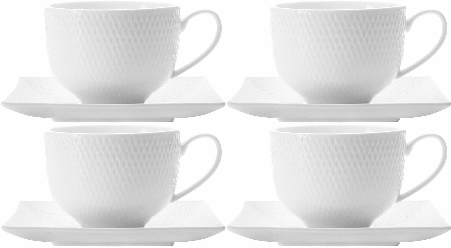 Чайный набор на 4 персоны Maxwell & Williams Даймонд, сервиз 8 предметов: 4 шт чашки 220 мл и блюдца из фарфора, подарочный