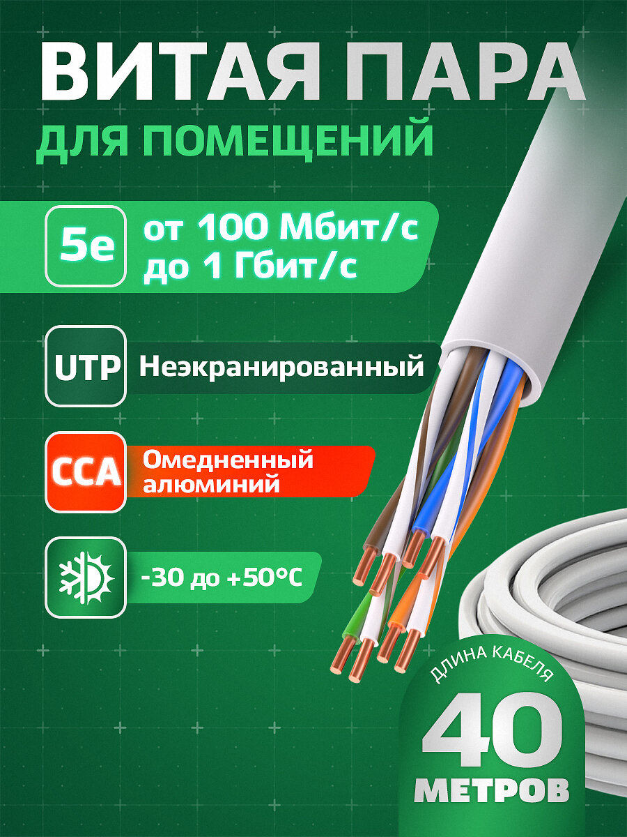Внутренний интернет кабель (витая пара) RETIC 40м / UTP, CCA (омедненный алюминий) UTP PVC (4 пары) cat.5e 24awg, серый