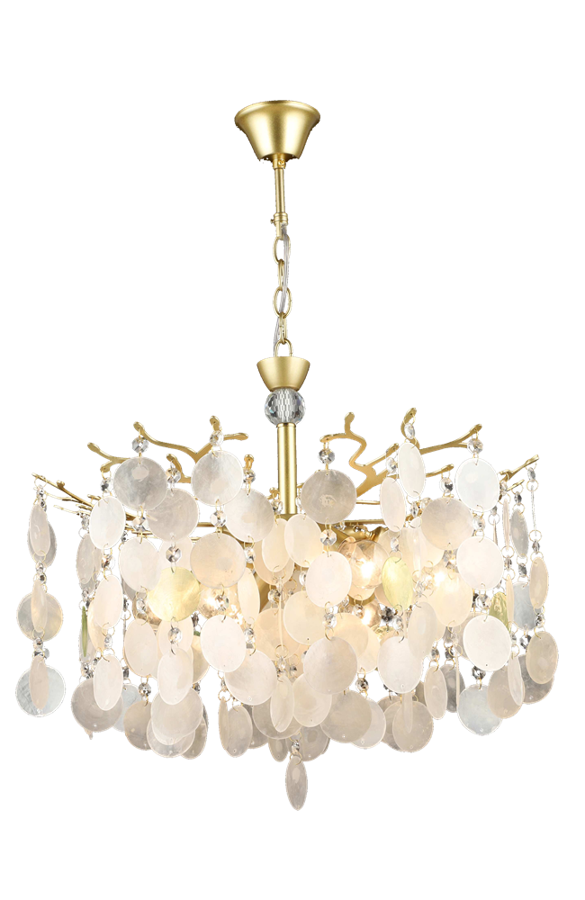 Люстра хрустальная подвесная золото со стеклянным декором на 6 ламп E14, регулировка по высоте