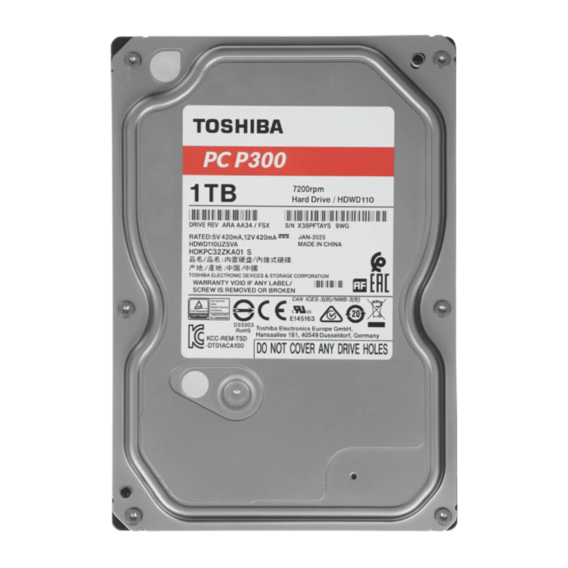 Жесткий диск Toshiba P300 HDWD110UZSVA, 1 ТБ, SATA-III 6 Гбит/с, 7200 об/мин, серебристый