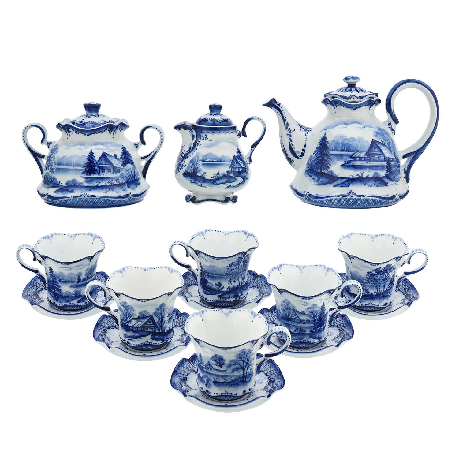 100978 Гжель Сервиз Чайный Колокольчик "лето В деревне" с молочником на 6персон