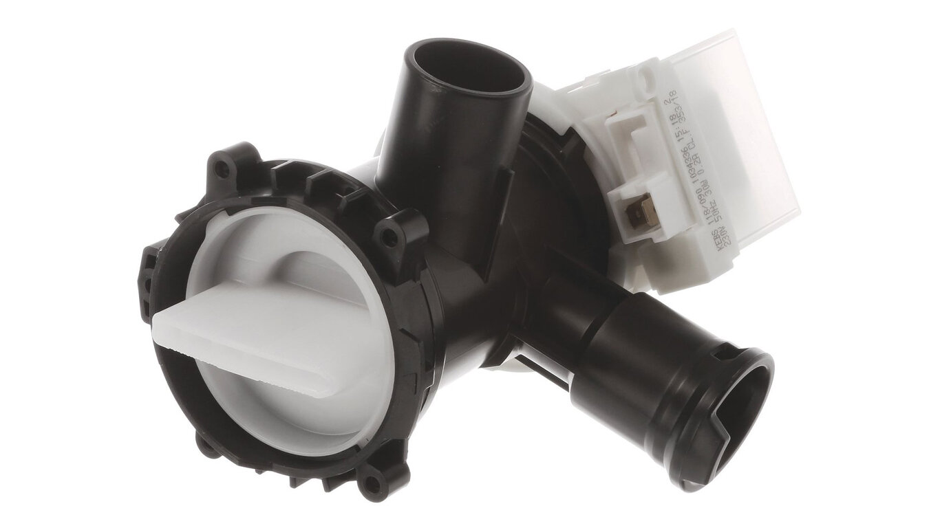 Насос для стиральной машины BOSCH (БОШ) 145897, 146083, 145906 (в сборе 4 защелки, колодка вперед + улитка, KEBS 121/121, 1186547, мощность - 30W, напряжение 230V, 50Hz. Ток - 0,2A)