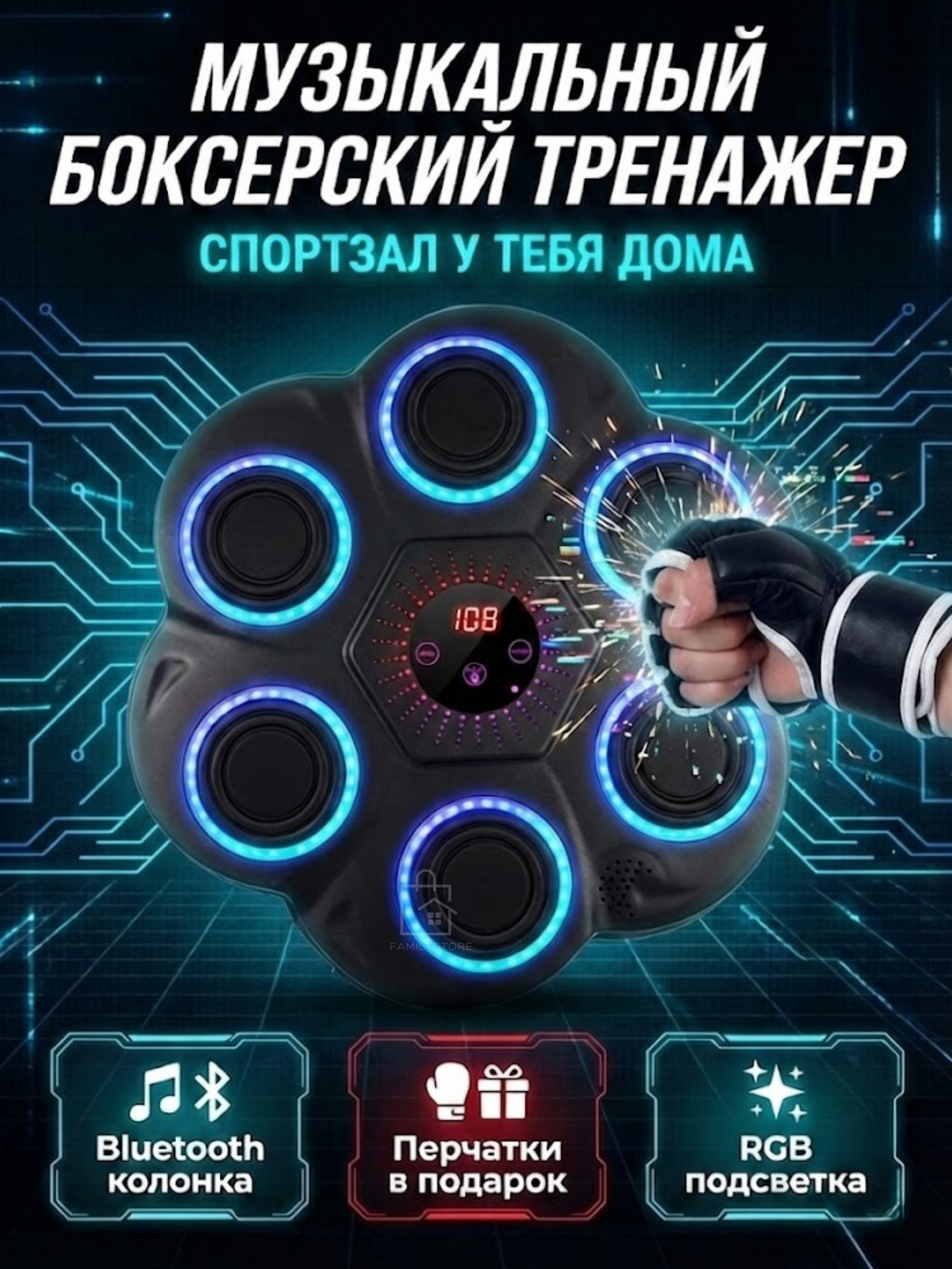 Тренажер для бокса, музыкальный, черный, настенная установка